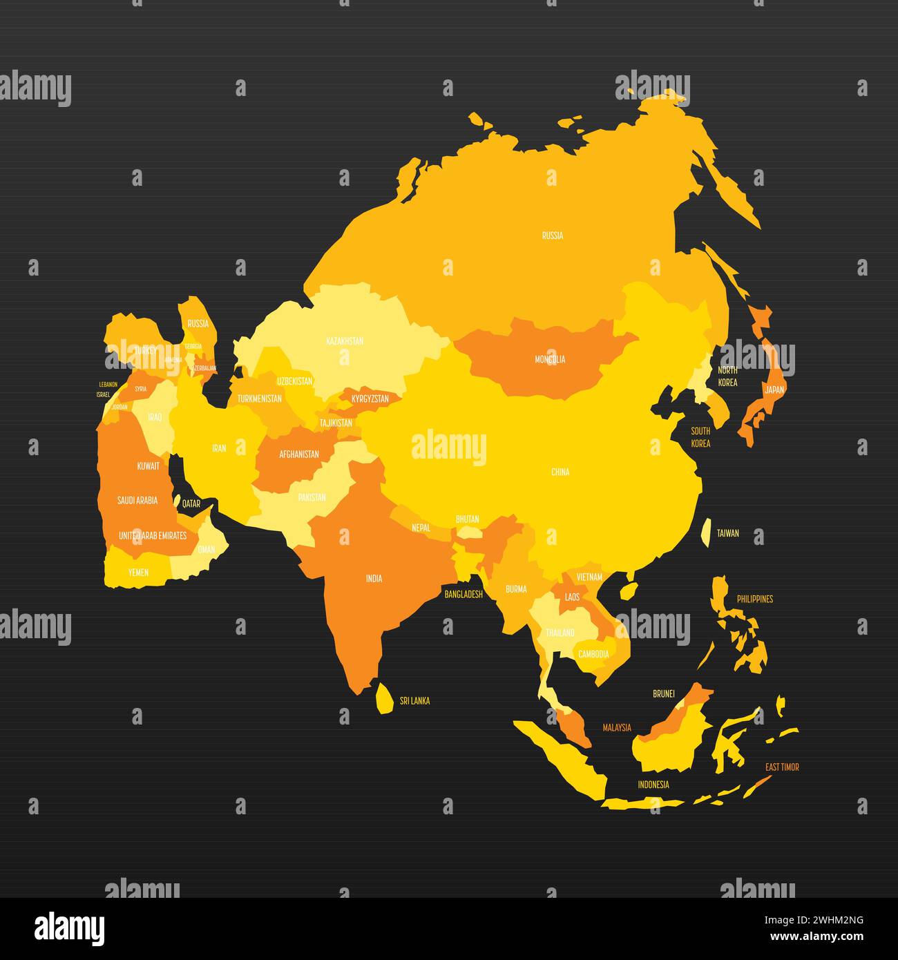 Political map of Asia. Yellow colored land with country name labels on ...