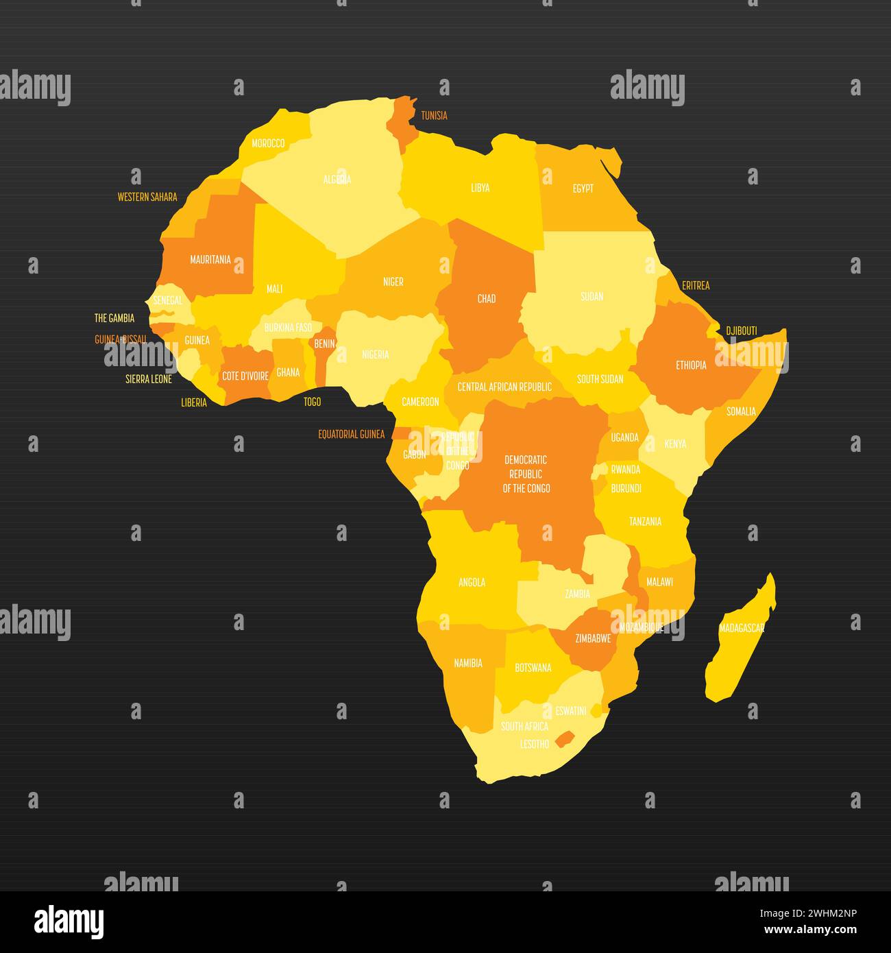 Political map of Africa. Yellow colored land with country name labels ...