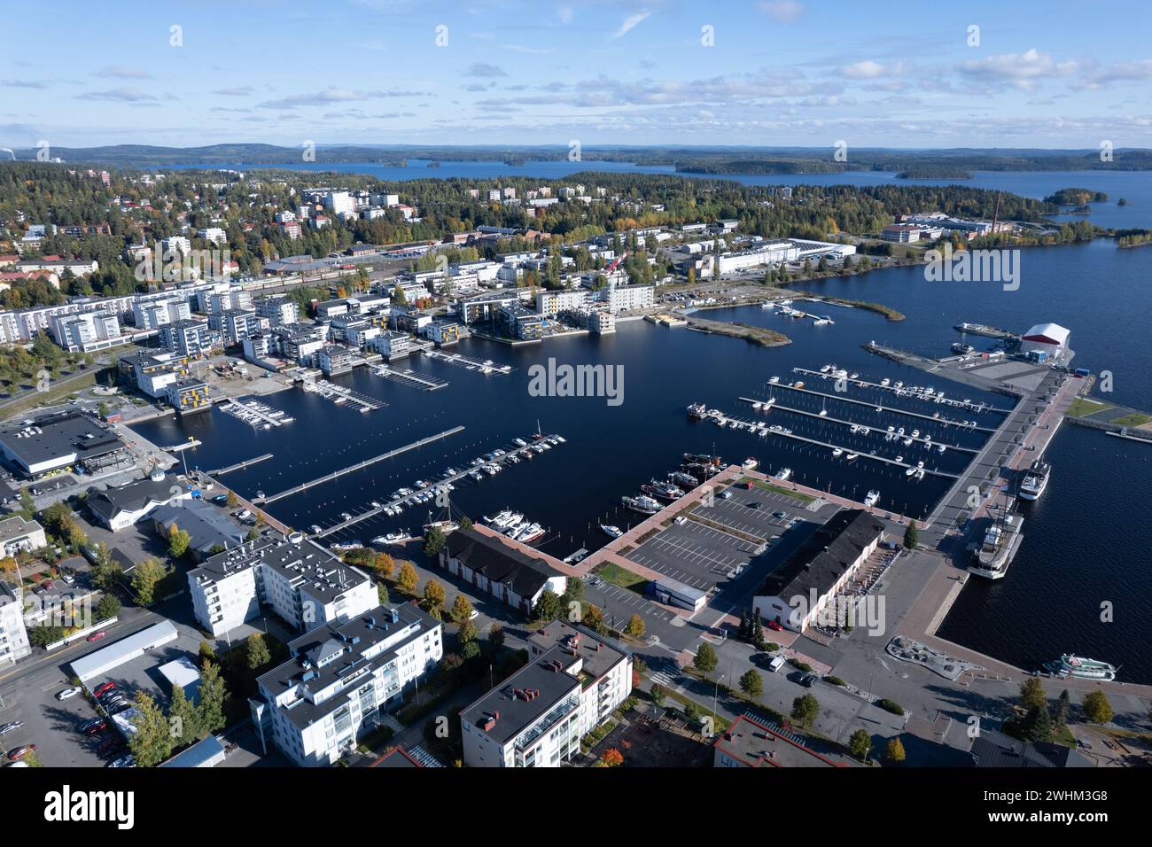 Drone aerial cityscape of the city of Kuopio and the marina. Eastern ...