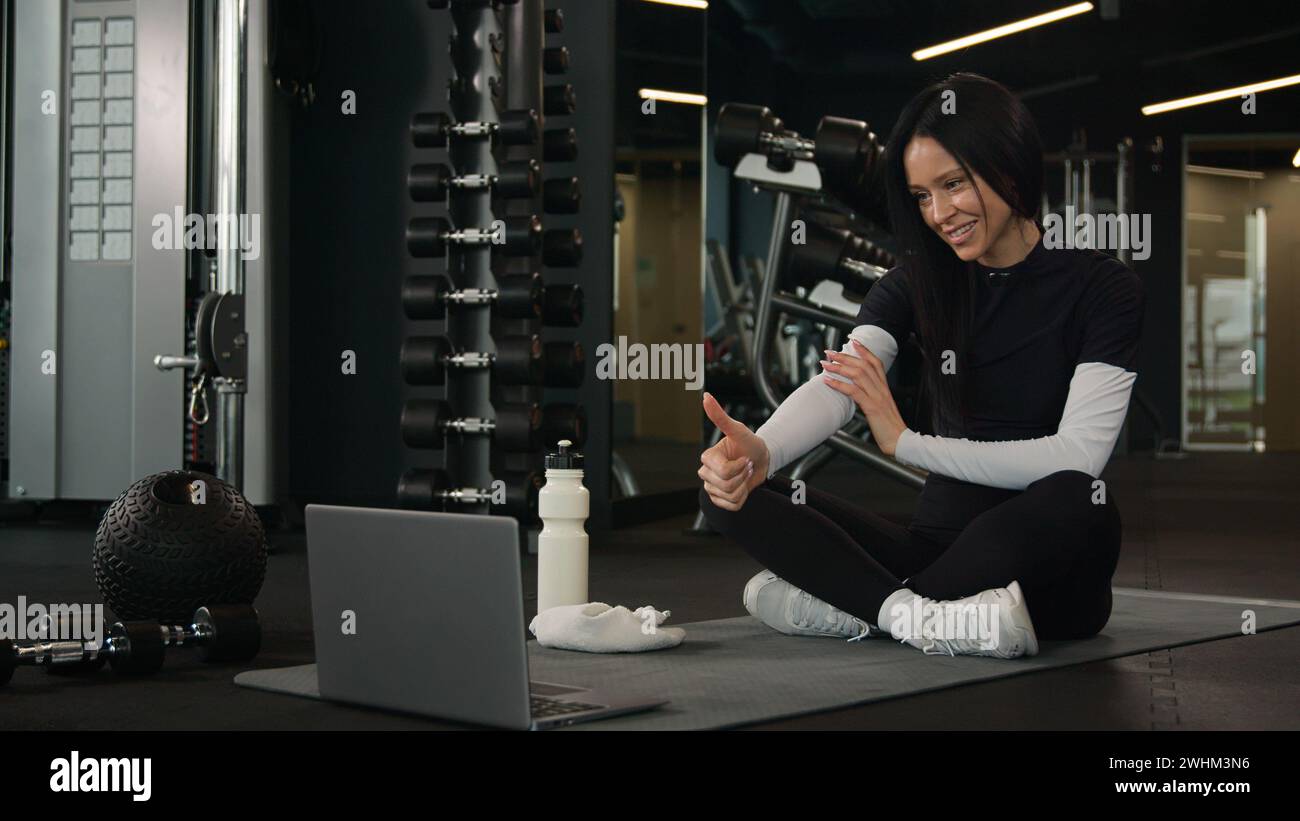 Professional sport fitness trainer woman training educate online class ...