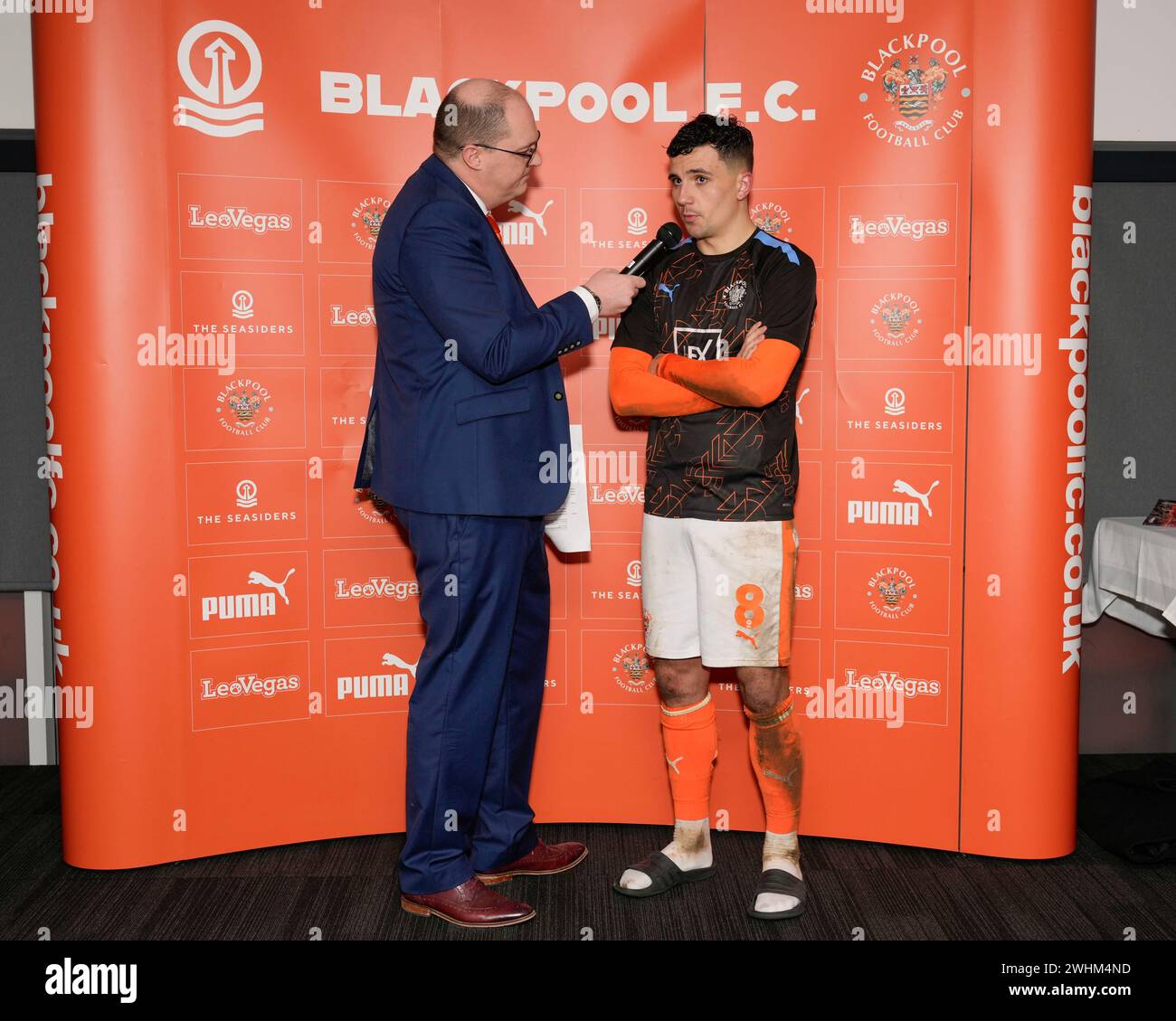 Albie Morgan of Blackpool, man of the match is interviewed after the ...