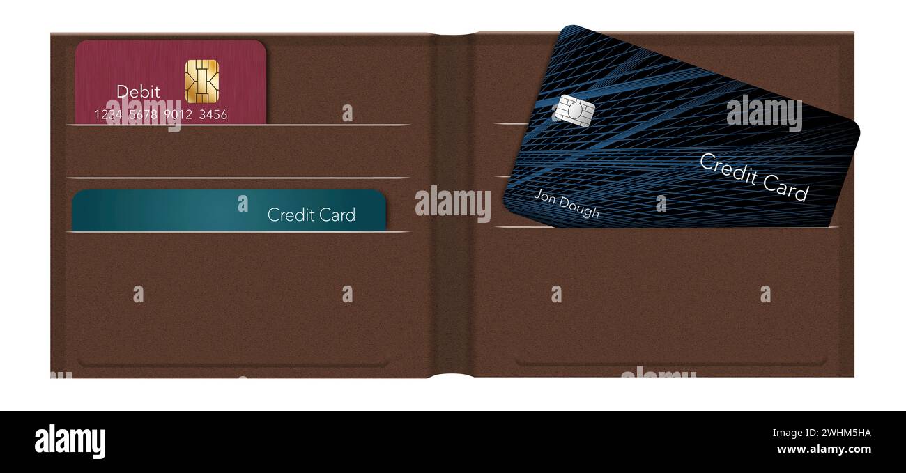 A cashless wallet with debit and credit cards is seen isolated on the ...