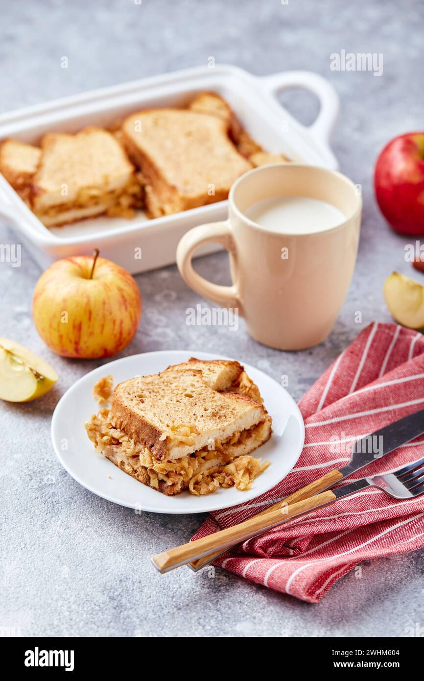 Bread pudding breakfast casserole made from wheat bread, eggs, milk and ...