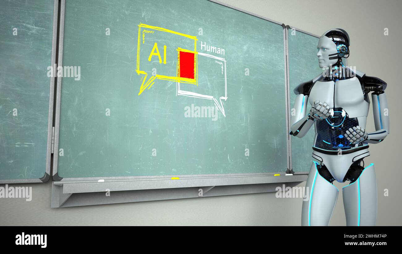 Humanoid robot as AI teacher with the chalk board in a classroom. 3d ...