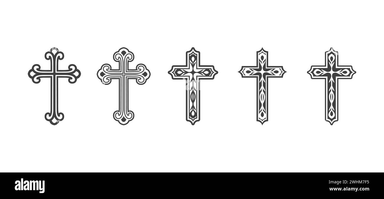 Flat Vector Black Christian Cross Icons Set Isolated on a White Background. Line Silhouette Cut ...
