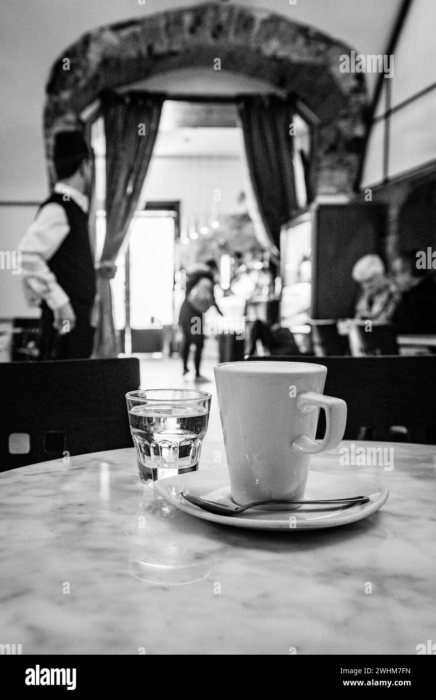 Cafe life, Noto Sicily Italy, A black and white image, cup of coffee ...