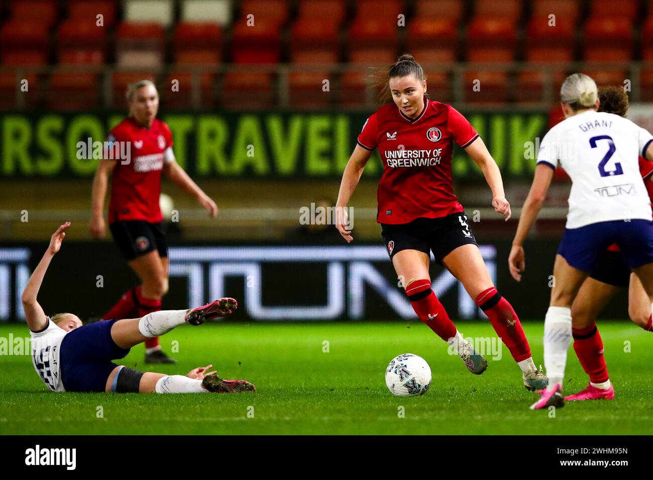 February 10, 2024: Mia Ross (4 Charlton Athletic) skips past Eveliina ...