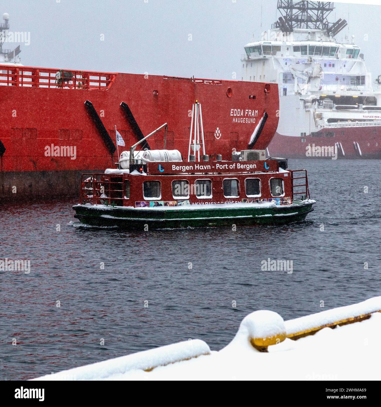 The small harbor ferry Beffen, in the port of Bergen, Norway. In the ...
