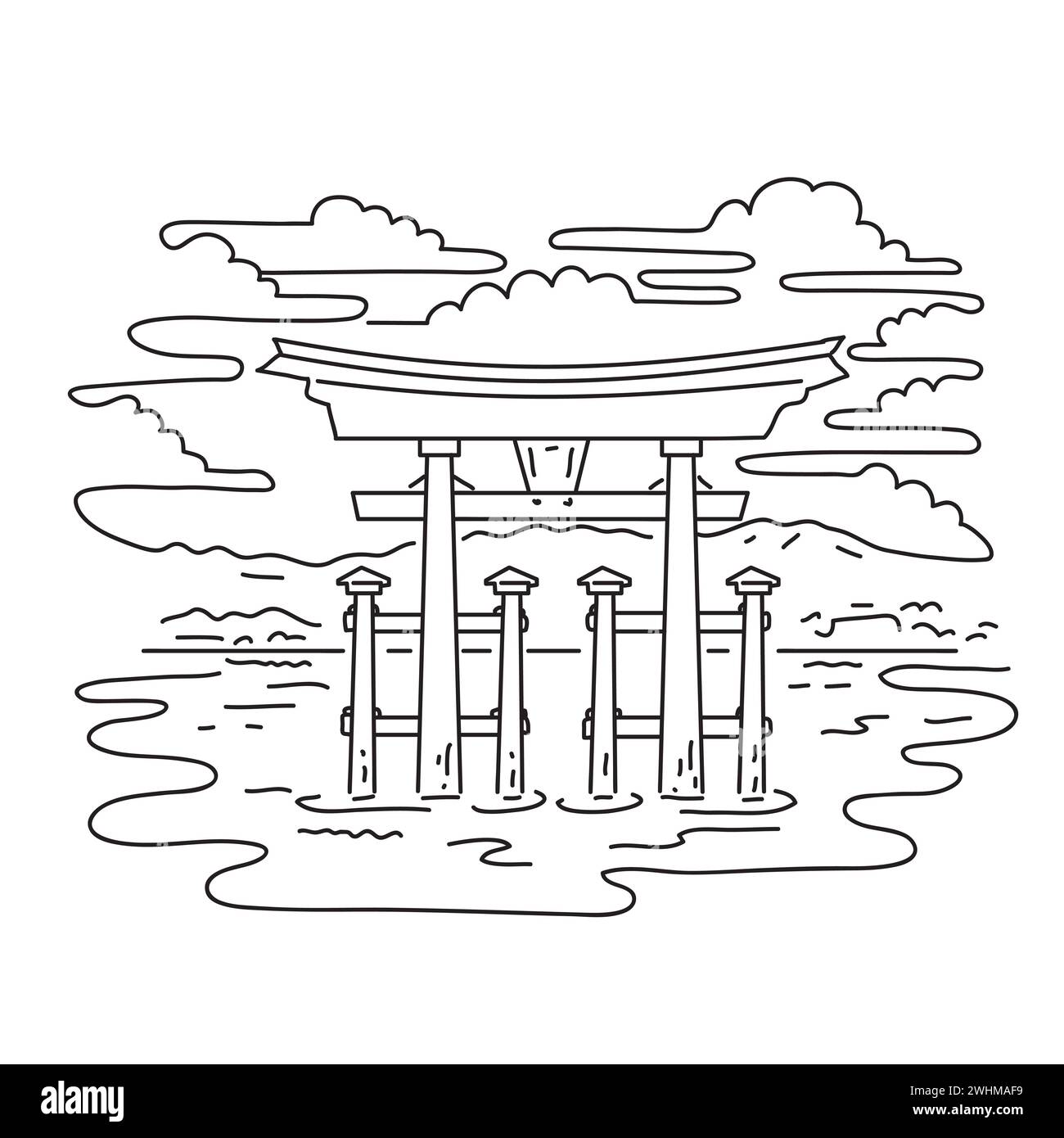 Itsukushima Shrine Torii Gate in Hatsukaichi Japan Mono Line Art Stock ...
