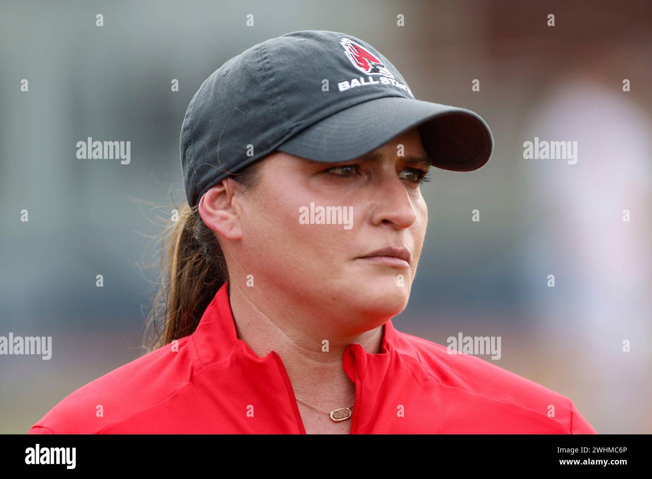 Ball State head coach Helen Peña watches warm-ups before an NCAA ...