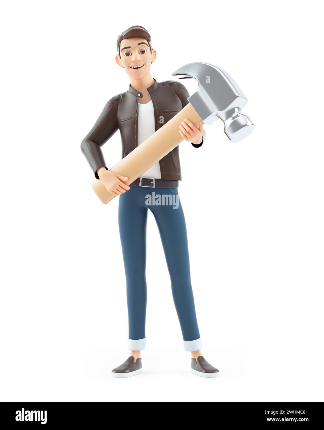 3d cartoon man holding big hammer, illustration isolated on white ...