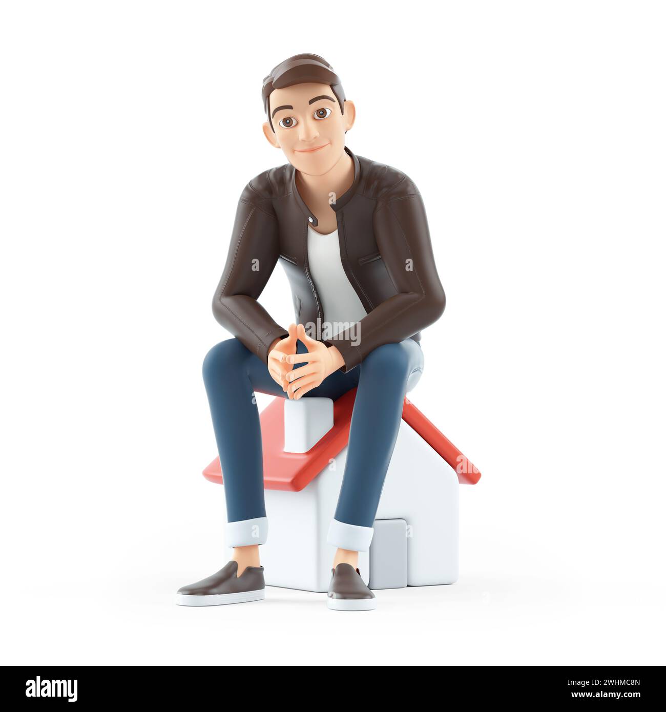 3d cartoon man sitting on house icon, illustration isolated on white ...