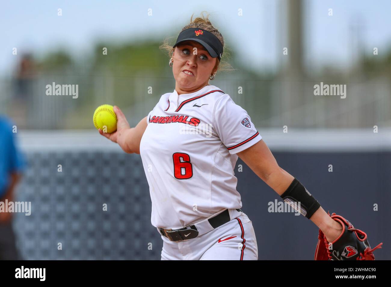 Ball State pitcher Francys King (6) throws during an NCAA softball game against James Madison ...