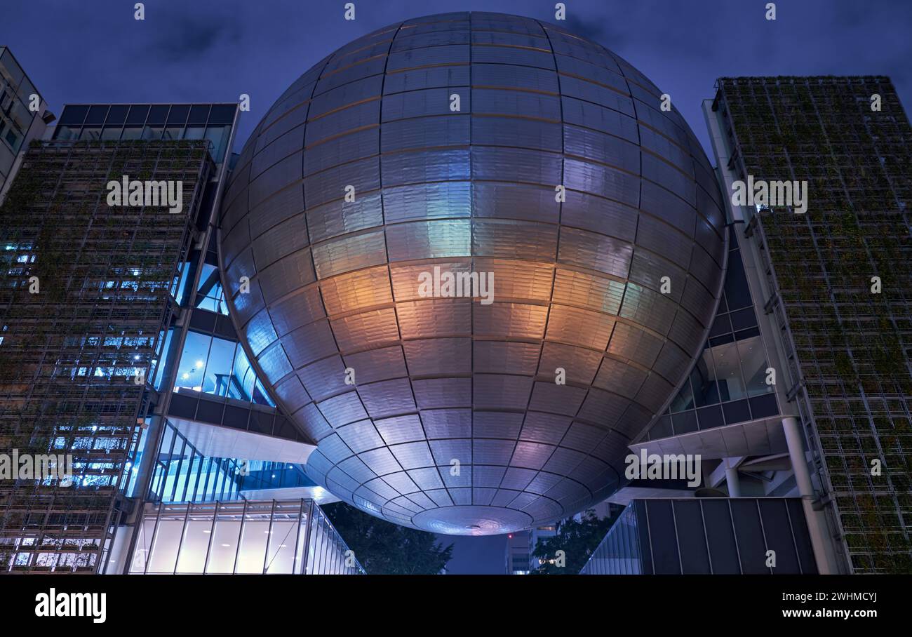 The sphere of Nagoya City Science Museum planetarium at night. Nagoya ...