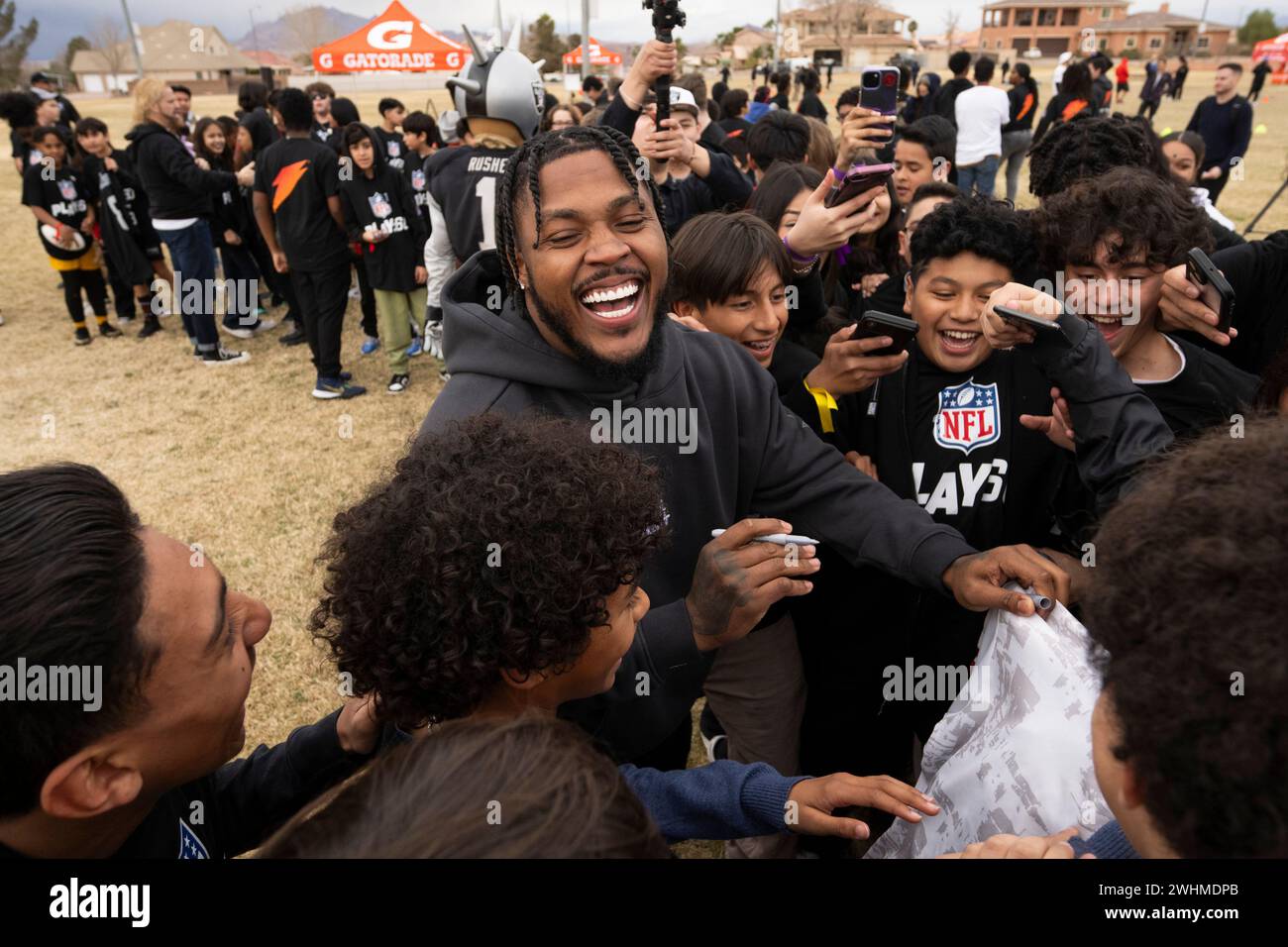 Las Vegas Raiders running back Josh Jacobs interacts with students during NFL PLAY 60 clinic at ...