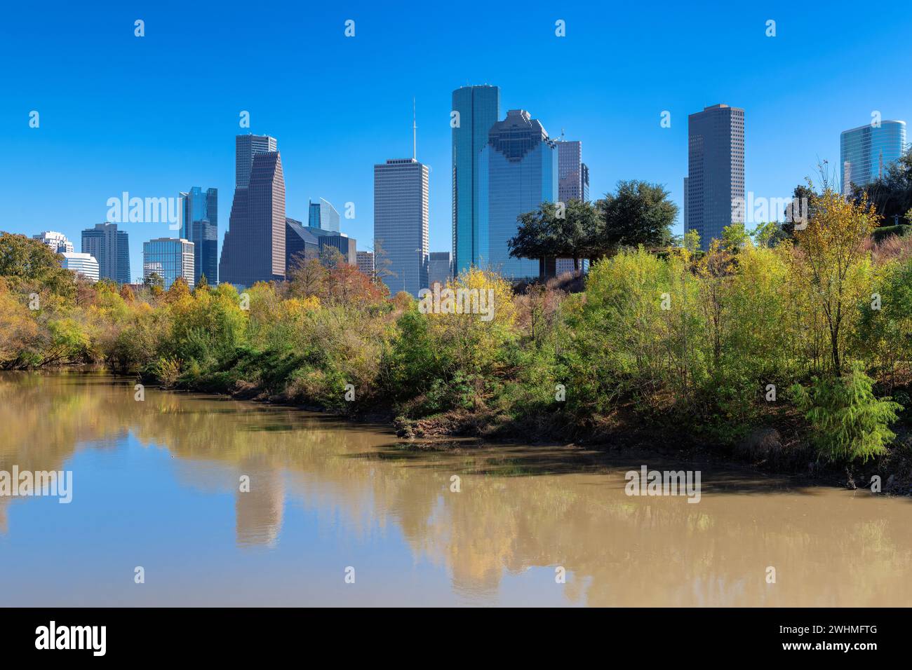 Houston downtown skyline at sunny day in Buffalo Bayou Park, Houston ...