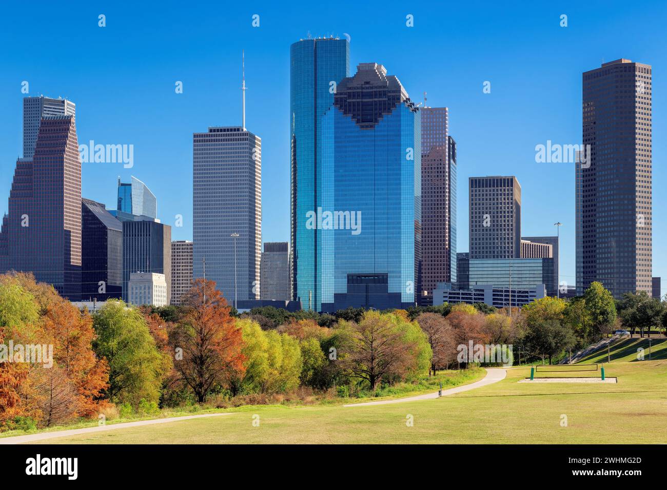 Houston City skyline at sunny day in Buffalo Bayou Park, Houston, Texas ...