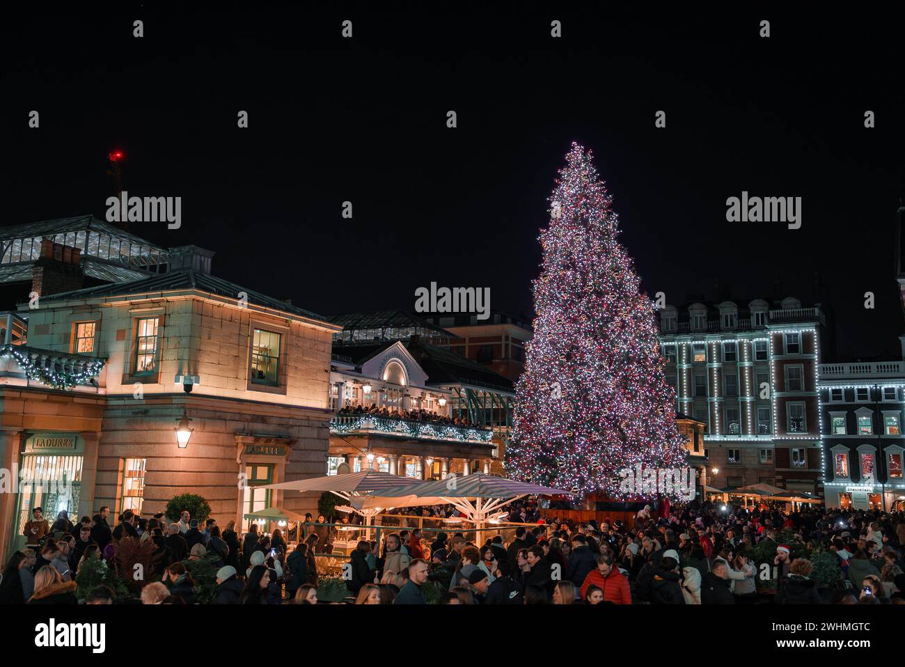 Brightly Lit Christmas Tree with Joyous Crowd at Night in London, UK ...
