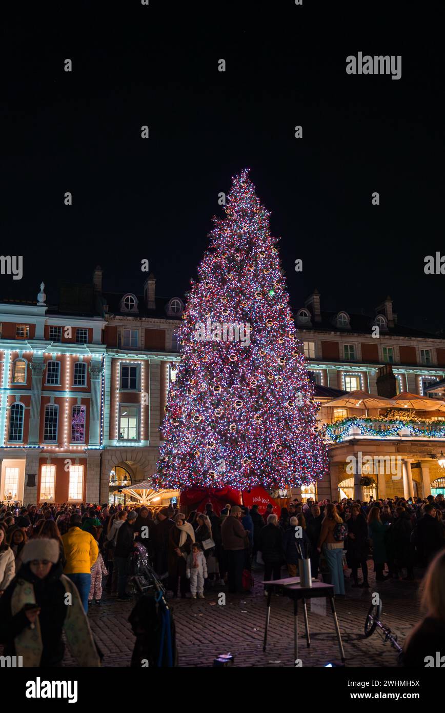 Christmas Tree Glows, Crowd Gathers at Night in Festive London, UK ...