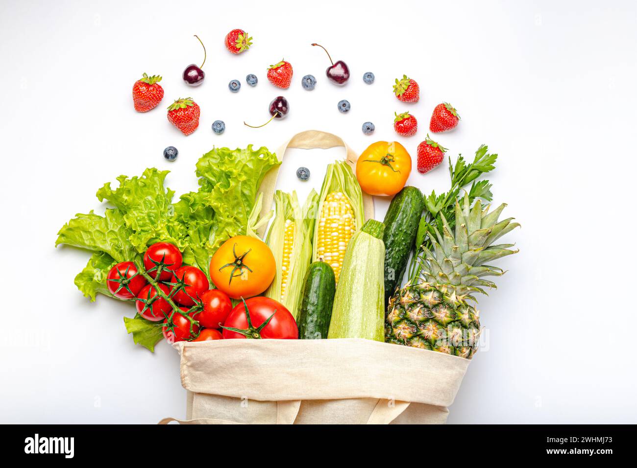 Grocery shopping. Different fresh fruit and vegetables in a textile ...