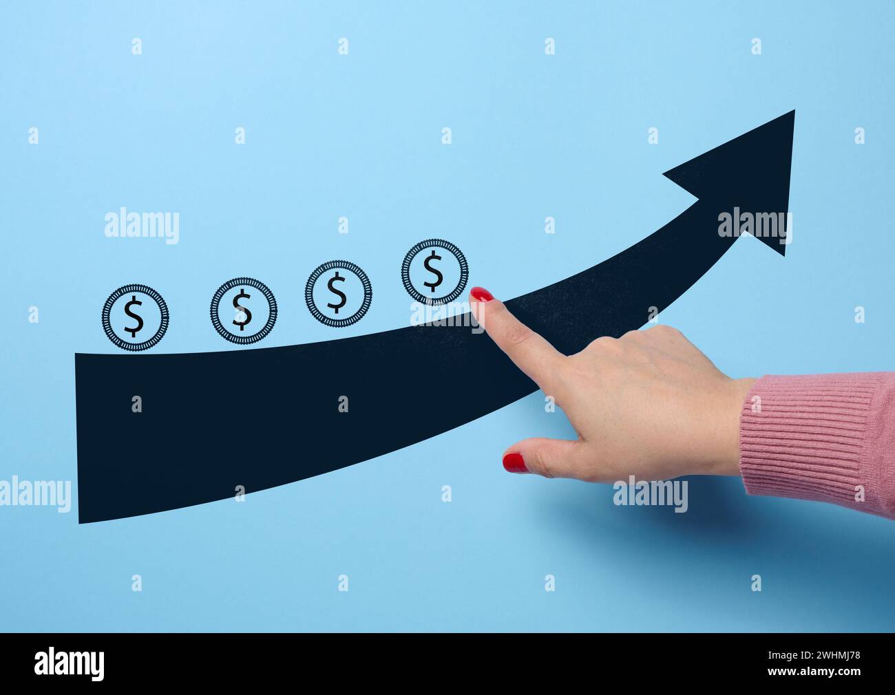 Arrow up and female hand. Income growth concept, inflationary processes ...