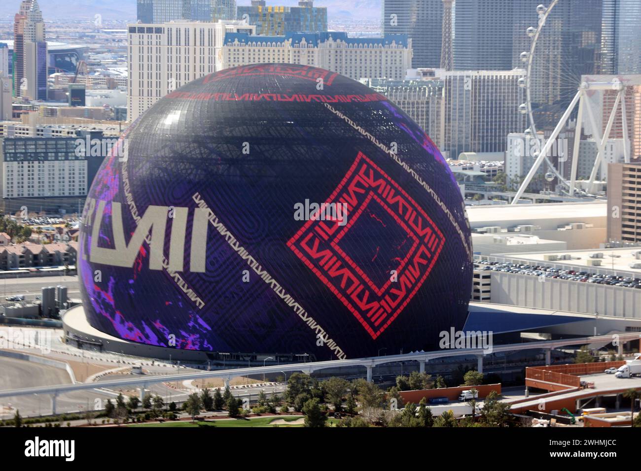Las Vegas, NV, USA. 10th Feb, 2024. Aerial view of the Sphere ahead of ...