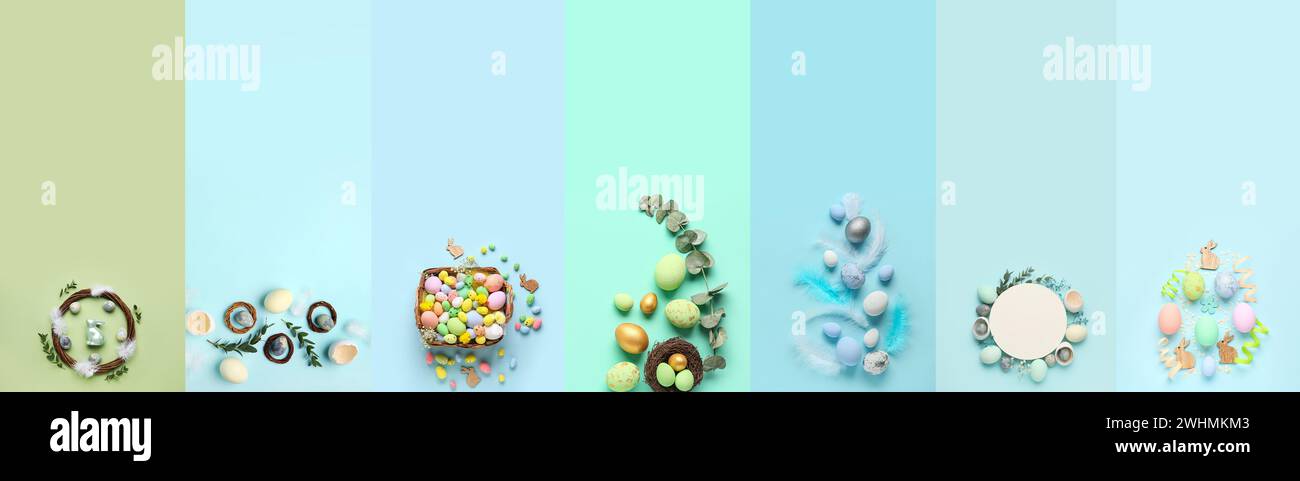 Festive collage with beautiful Easter compositions on color background ...