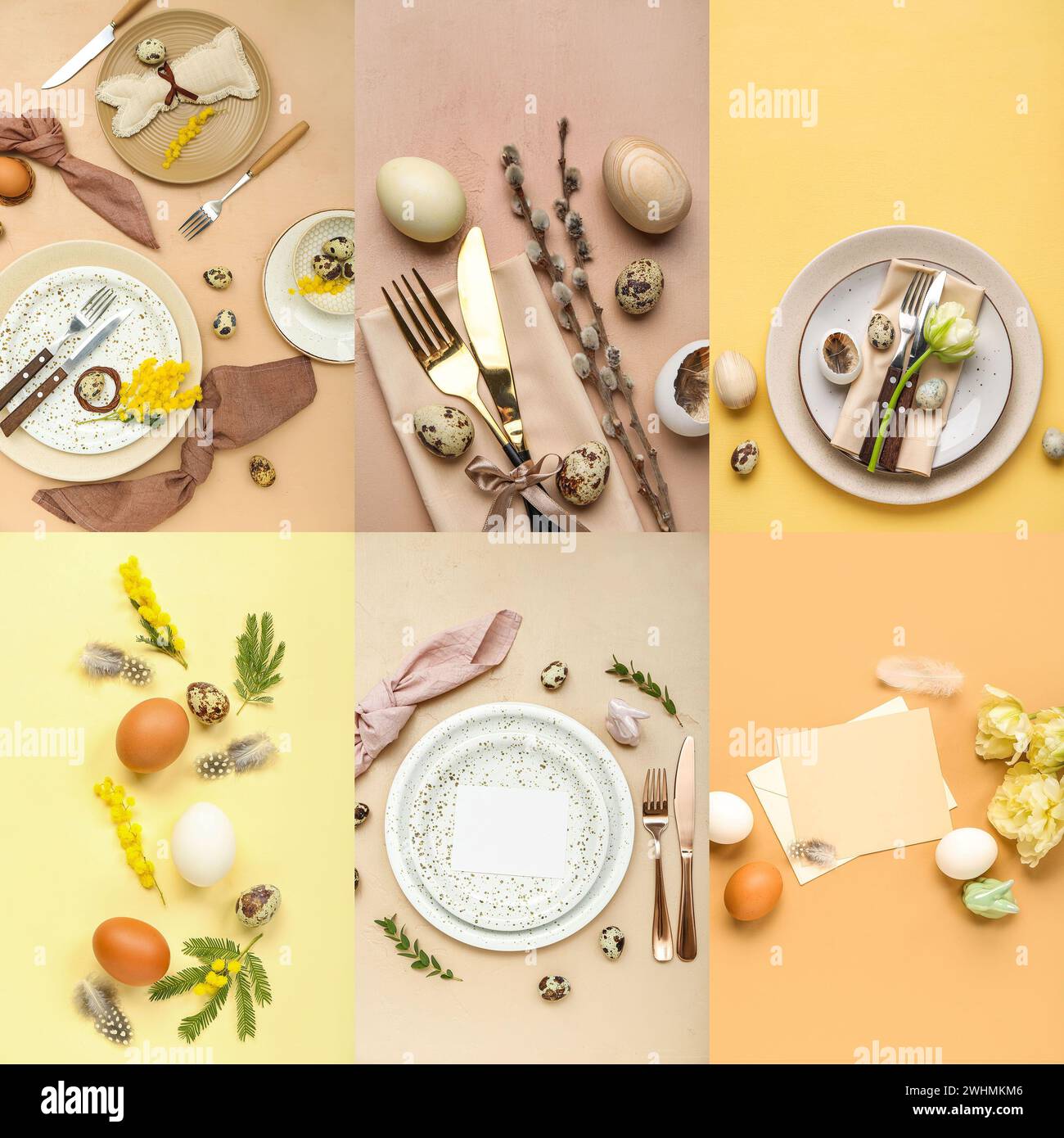Festive collage for Easter celebration on color background, flat lay ...
