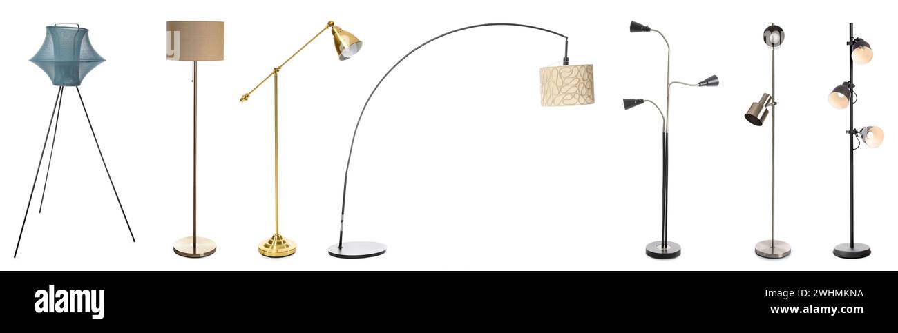 Collage of different standard lamps on white background Stock Photo - Alamy
