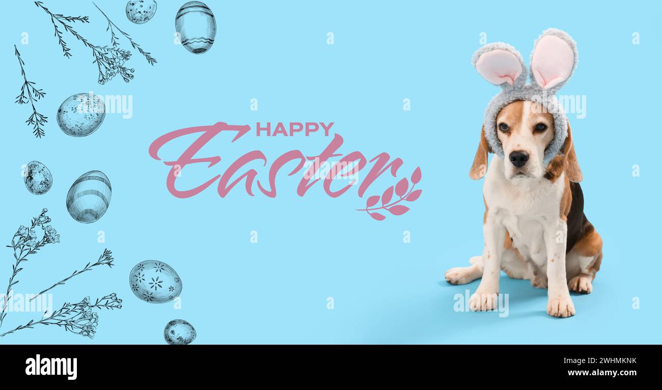Festive banner for Happy Easter with cute Beagle dog in bunny ears ...