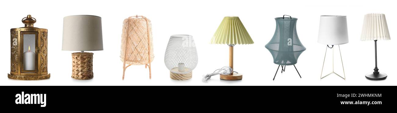 Collage of different lamps on white background Stock Photo - Alamy