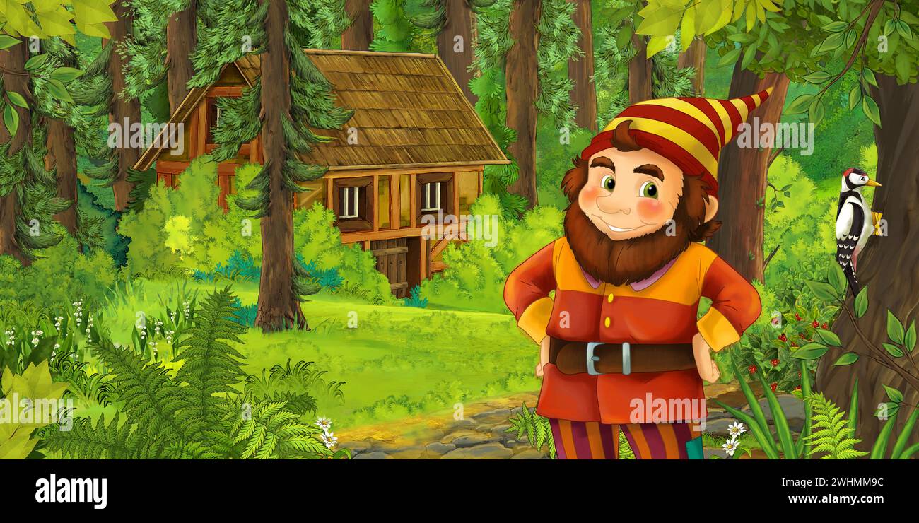 cartoon scene with happy dwarf in the forest near the wooden house ...