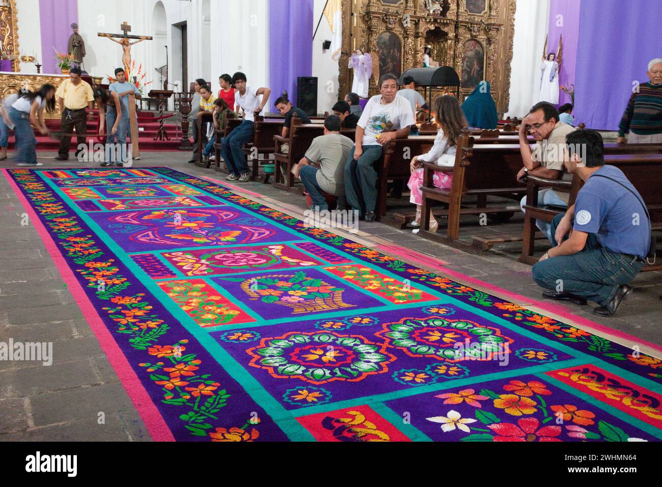 Antigua, Guatemala. Holy Week, Semana Santa. Putting the finishing ...