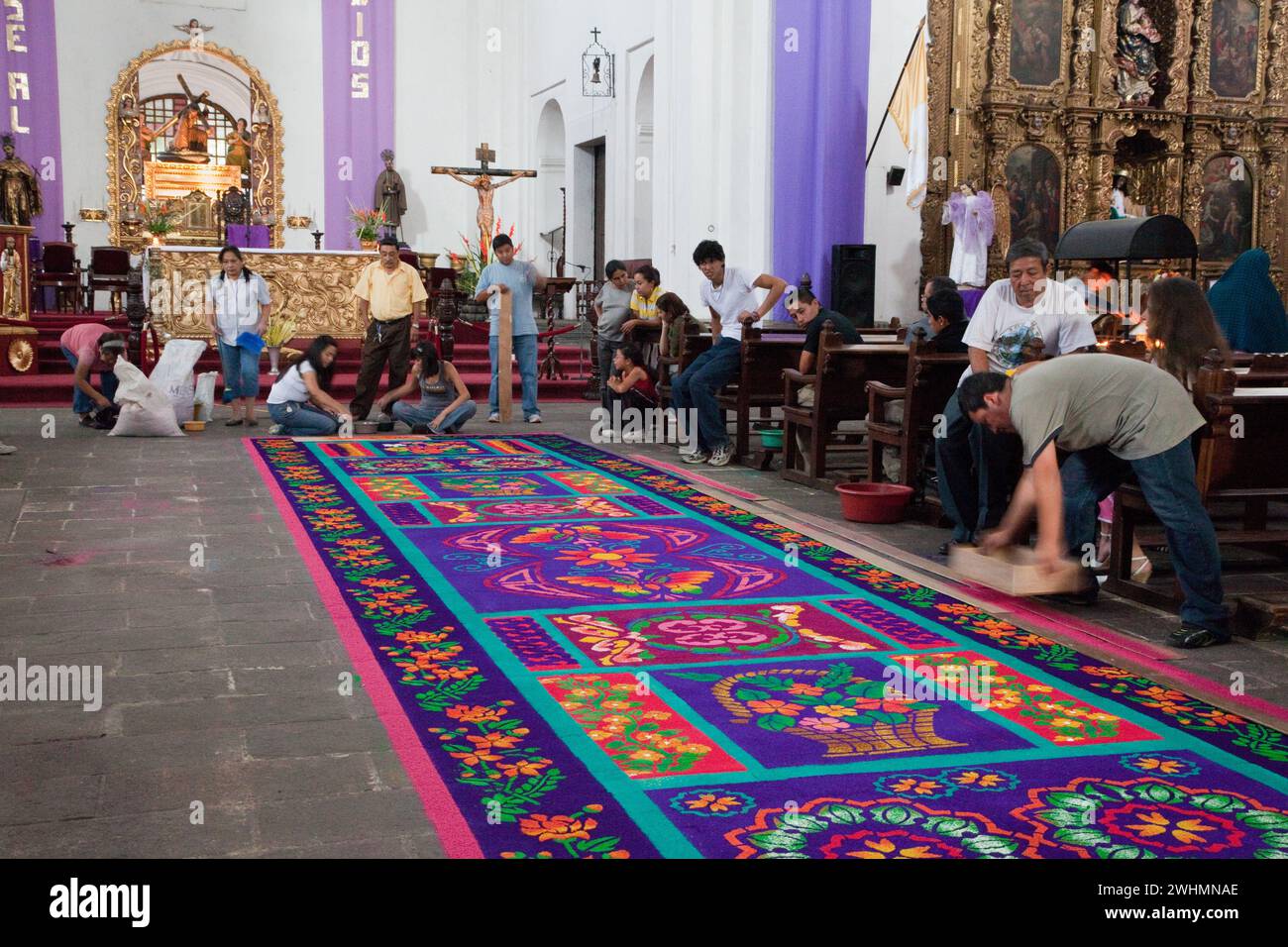 Antigua, Guatemala. Holy Week, Semana Santa. Putting the finishing ...