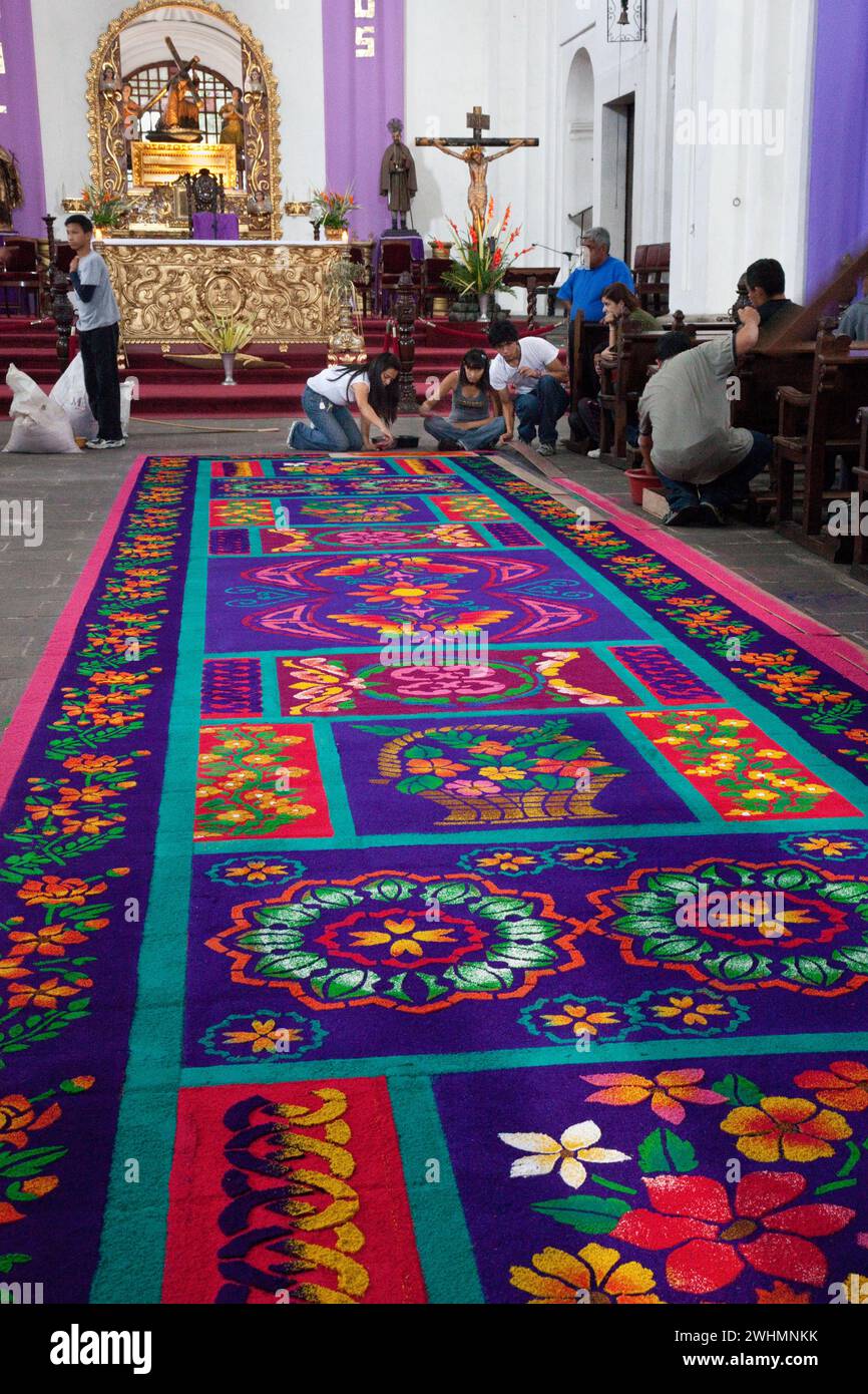 Antigua, Guatemala. Holy Week, Semana Santa. Putting the finishing ...