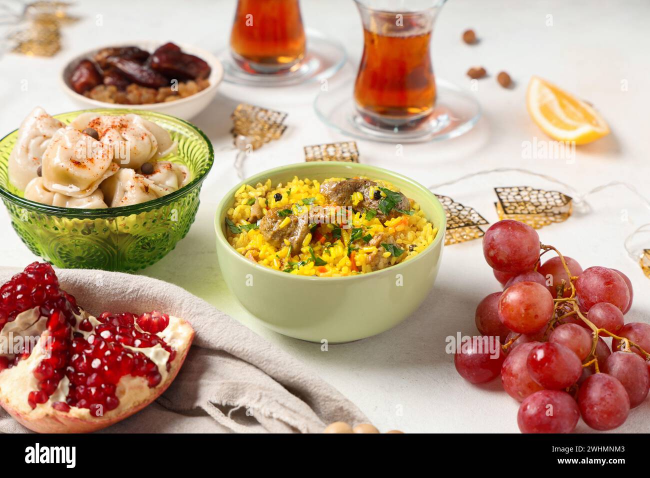 Traditional Eastern dishes on white table. Ramadan celebration Stock ...