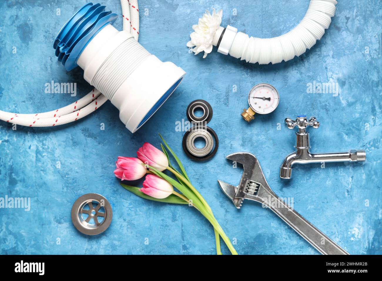 Composition with plumber's items and tulip flowers on color background ...
