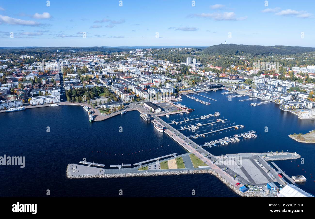 Drone aerial cityscape of the city of Kuopio and the marina. Eastern ...