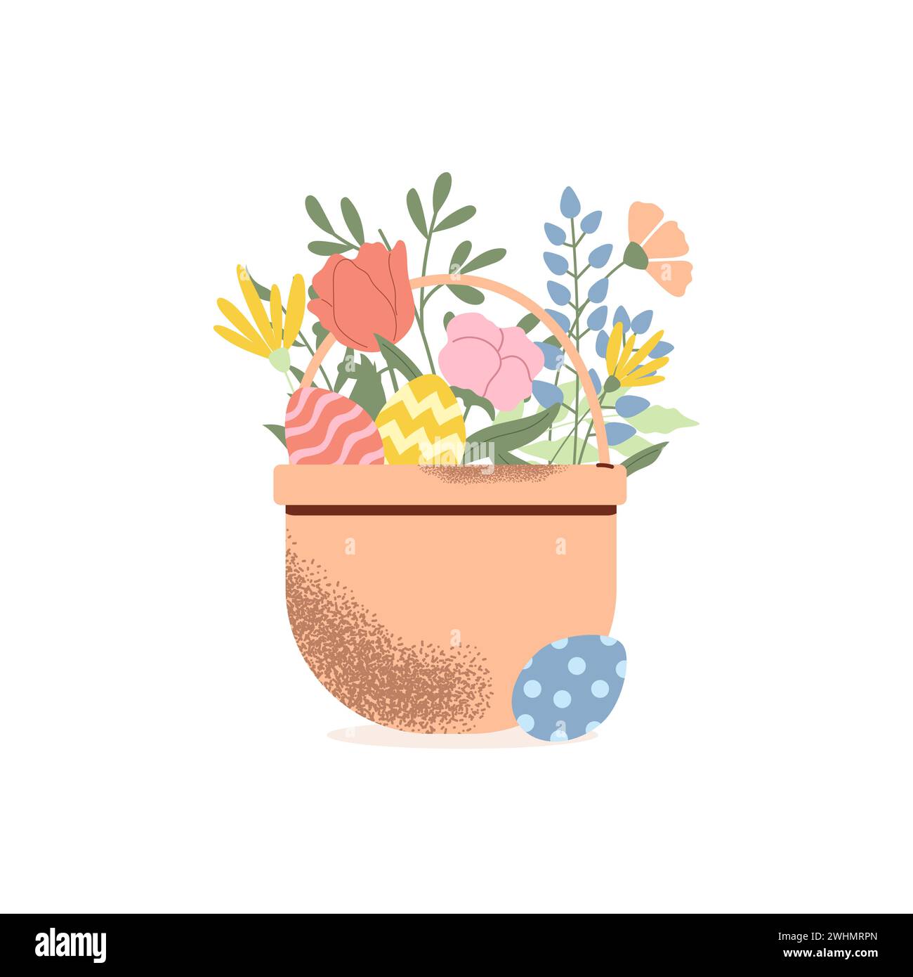Handdrawn Easter basket with flowers and colourful eggs. Vector design ...