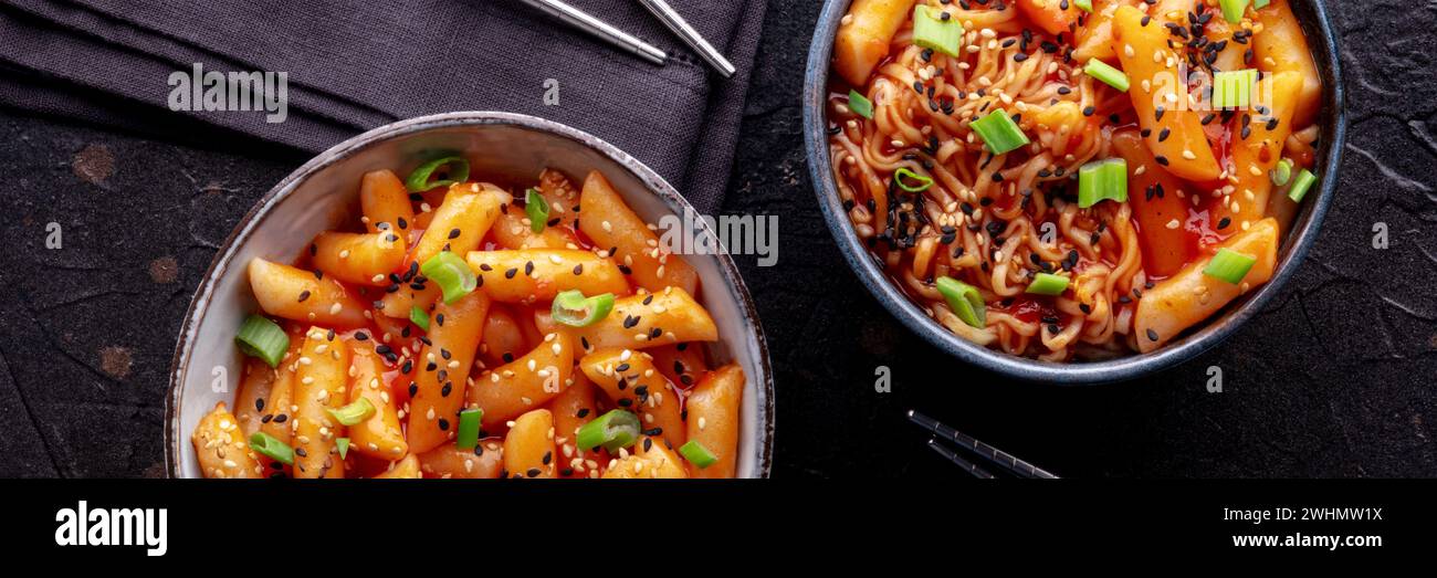 Tteokbokki or topokki and rabokki, Korean street food, spicy rice cakes ...