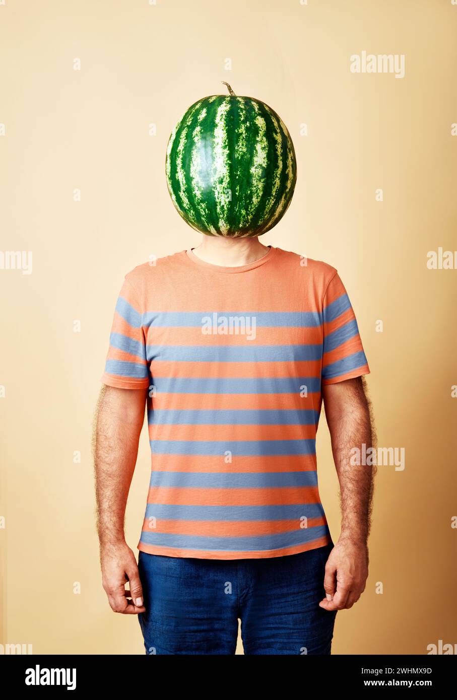 Man with watermelon instead of head. Conceptual, contemporary art ...