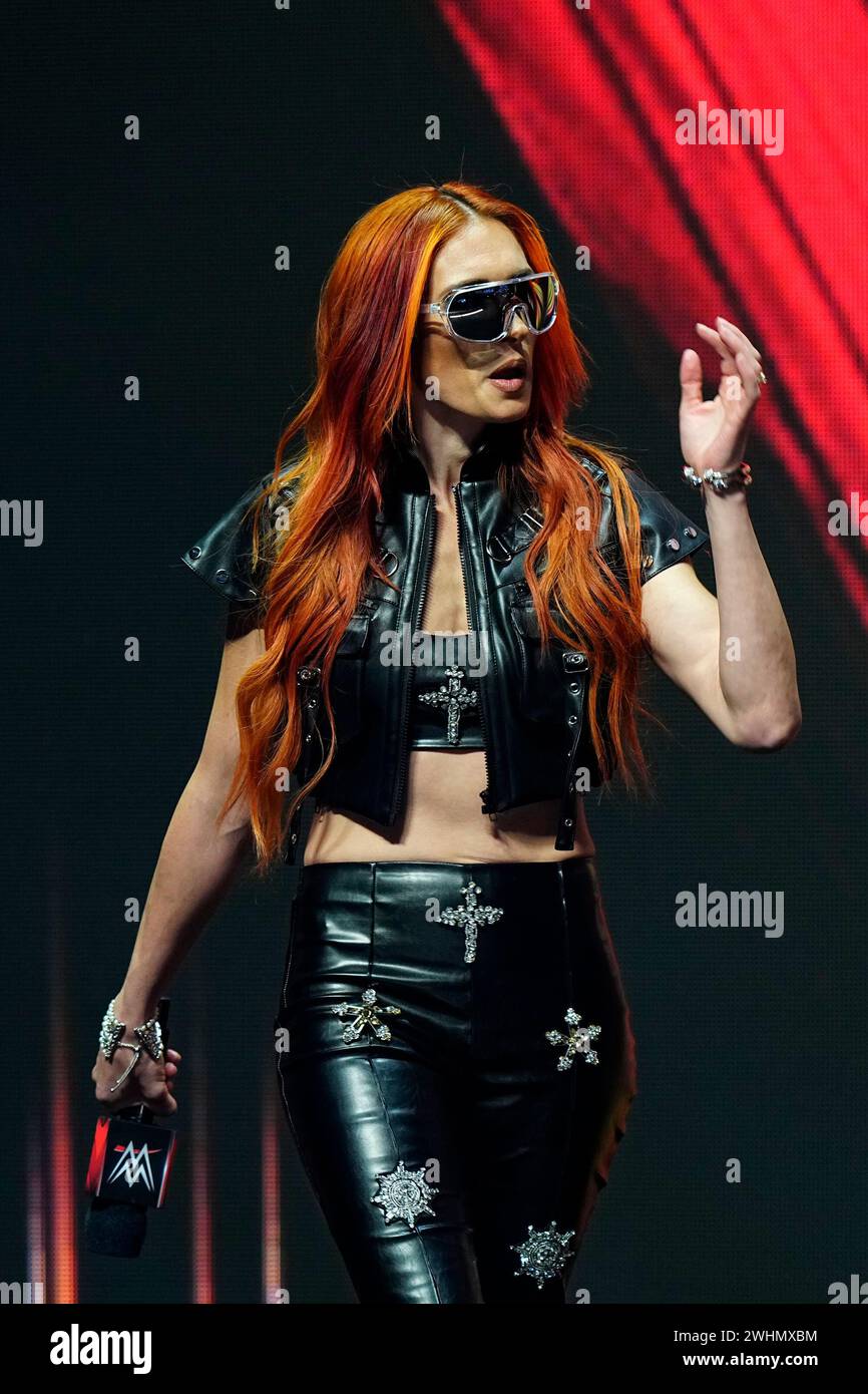 LAS VEGAS, NV - FEBRUARY 08: Becky Lynch meets Rhea Ripley on stage during the WWE Wrestlemania ...