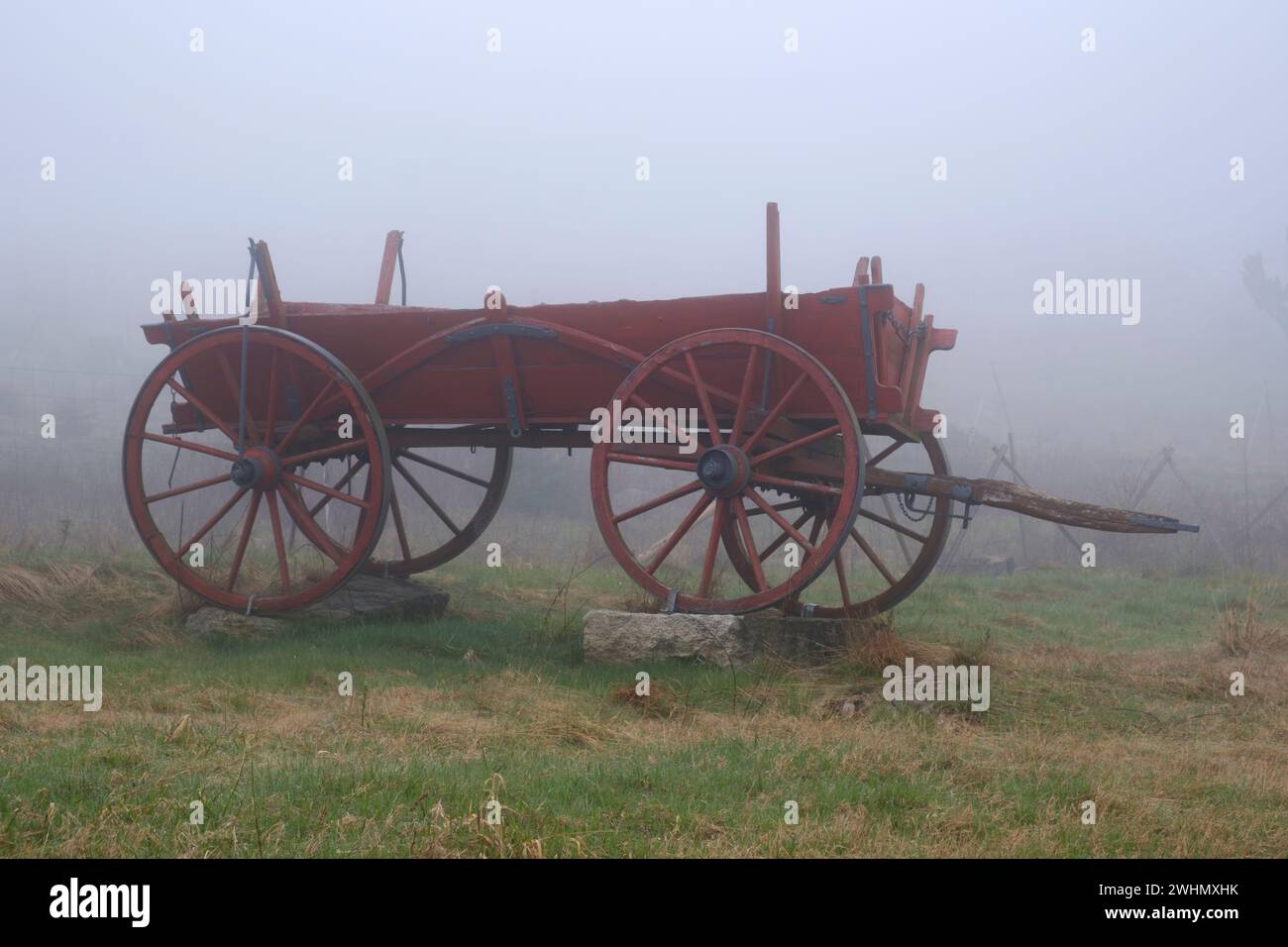Old hay wagon at fog Stock Photo - Alamy