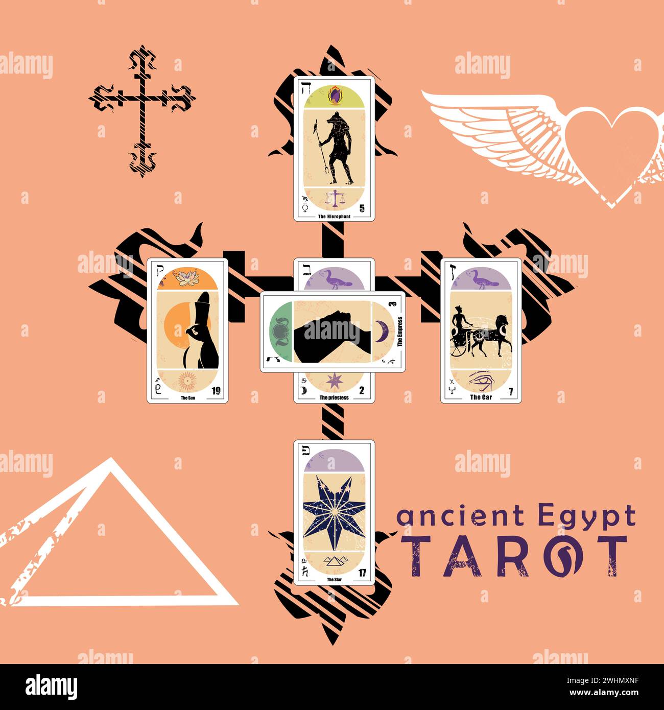 Ancient Egyptian Tarot. Design of several tarot cards next to two ...