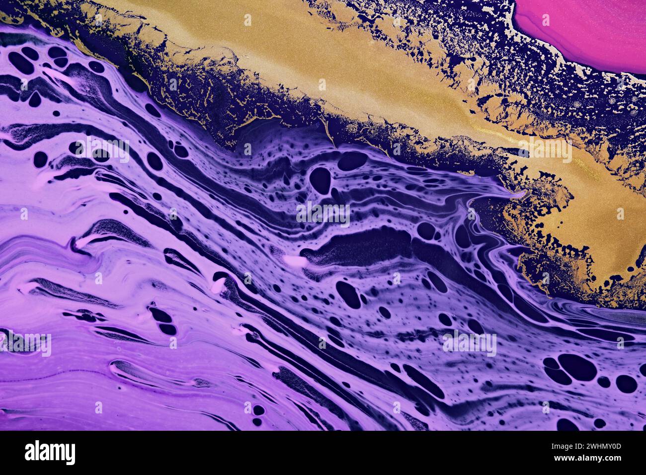 Metallic gold abstraction on violet waves. Fluid Art. Marble effect ...