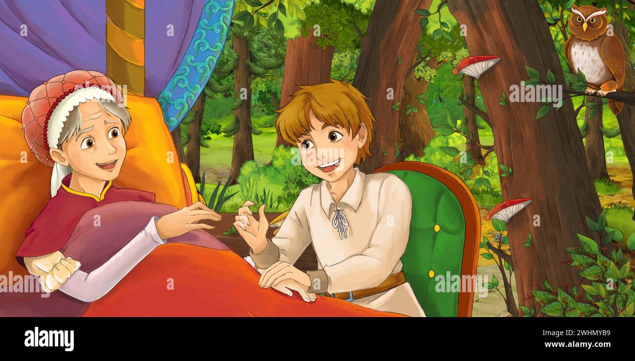 cartoon scene with woman mother and son in the forest encountering pair ...