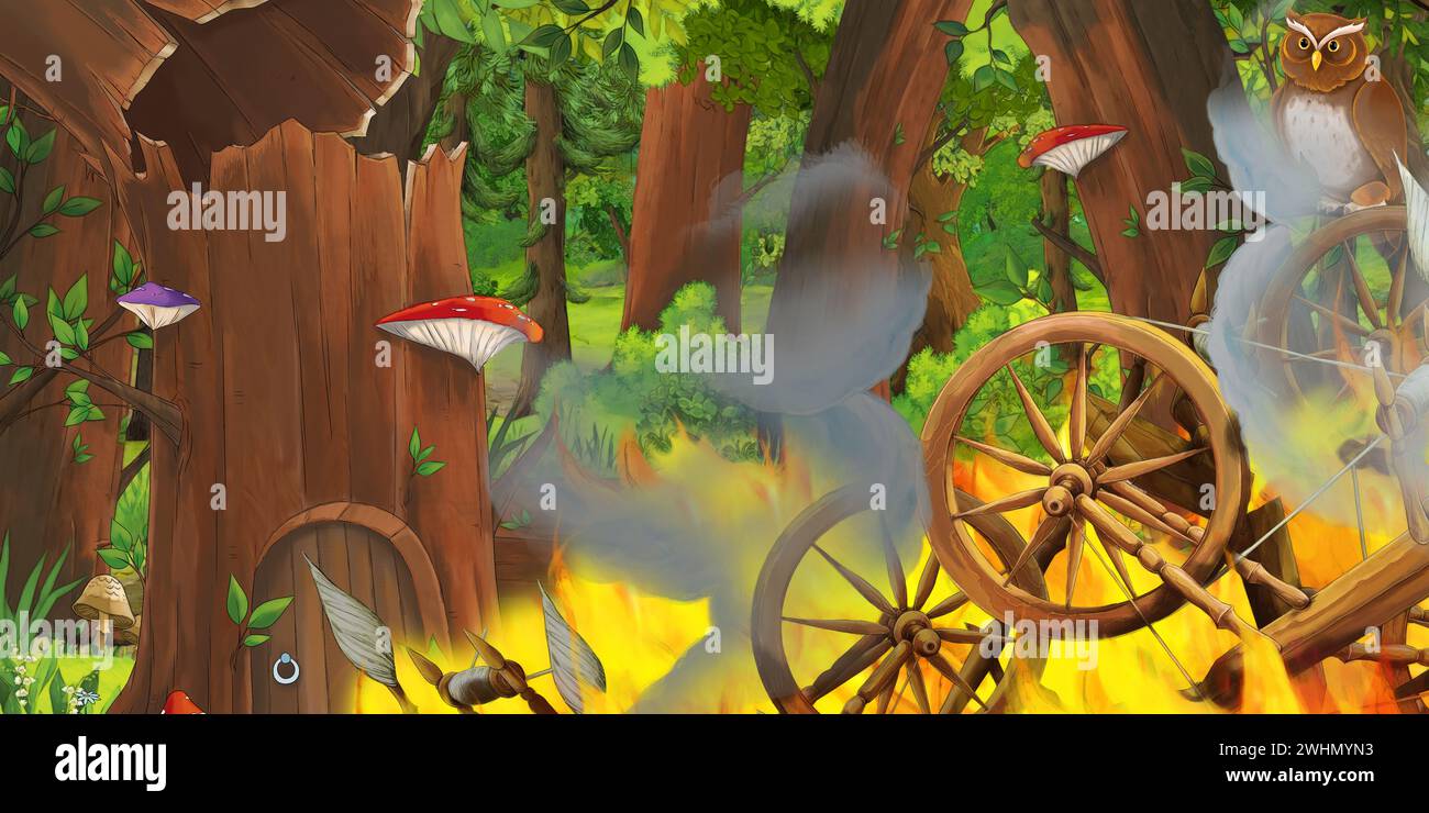 cartoon scene with wooden reels in the forest and pair of owls flying ...