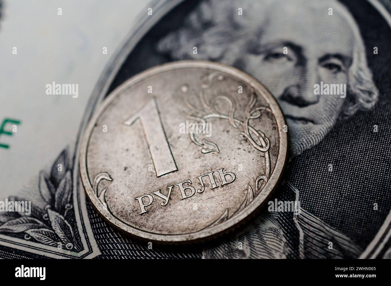 Portrait on the 1 US dollar banknote and 1 ruble from Russia Stock ...