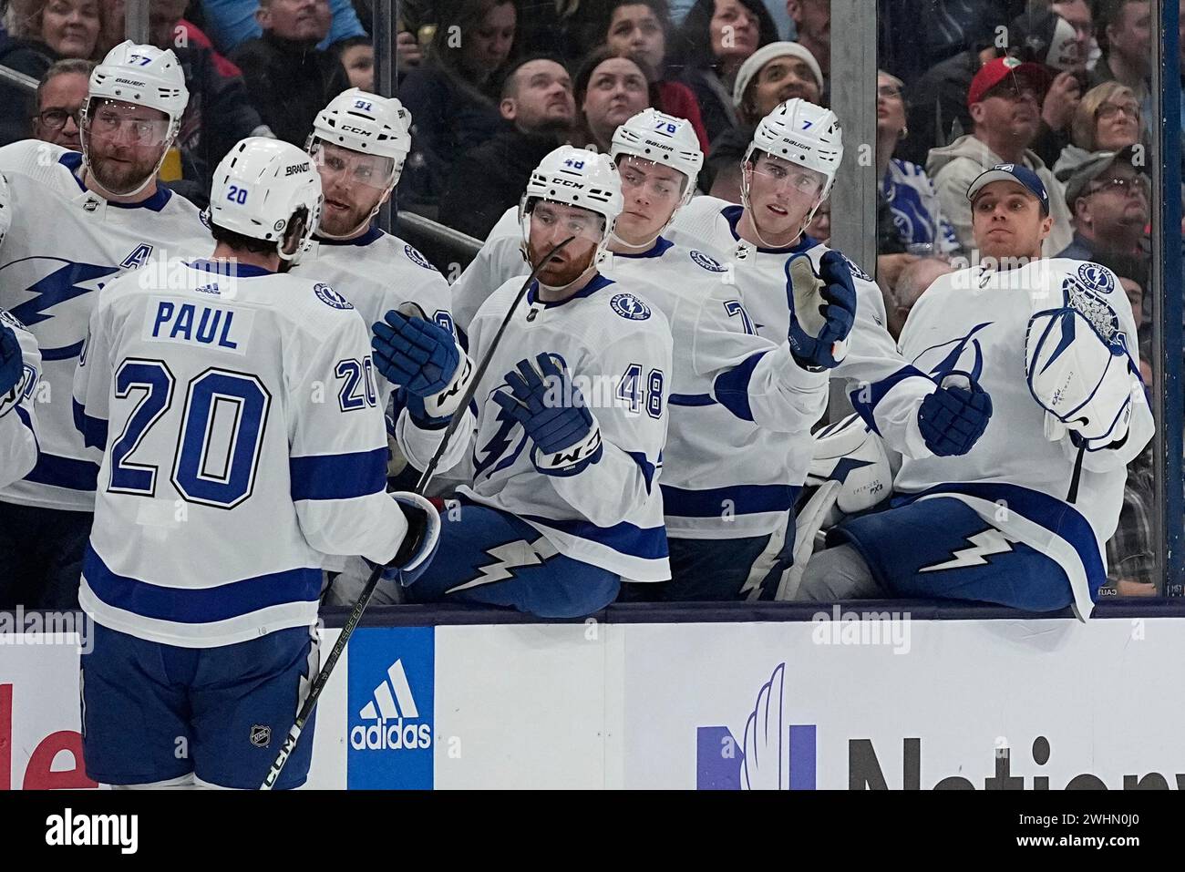 Tampa Bay Lightning left wing Nicholas Paul (20) celebrates his goal ...