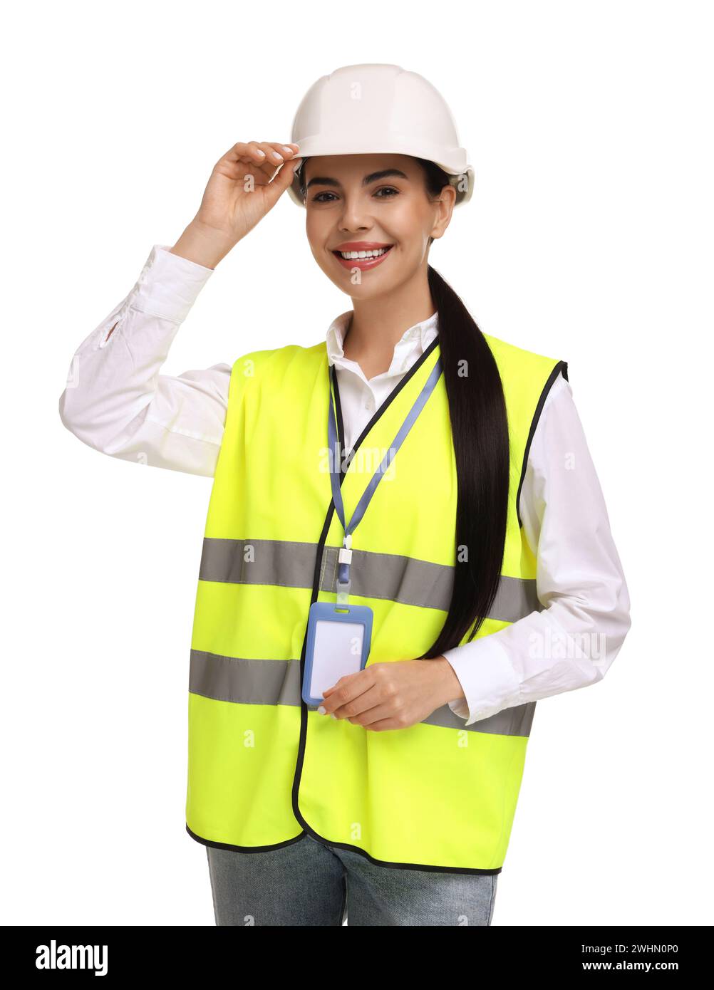 Engineer with hard hat and badge on white background Stock Photo - Alamy
